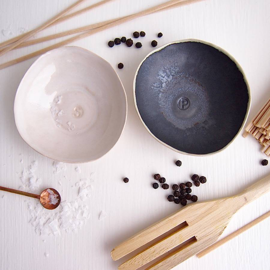 Buy Handmade Pair Black + White Ceramic Salt + Pepper Dish Online