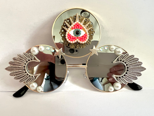 Buy Silver Embellished Third Eye Three Lens Metal Sunglasses online