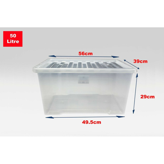 Buy (Set of 5, 50 Litre) Clear Plastic Storage Boxes With Black Lids ...