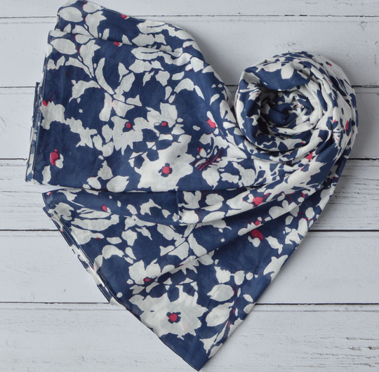 Buy Organic Cotton Scarf Large Blue & White Abstract Floral Design Wrap ...