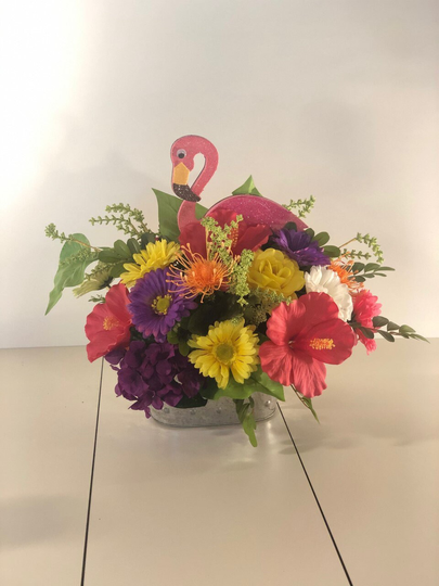 Buy Flamingo Centerpiece With Hibiscus, Tropical in Galvanized Bucket ...