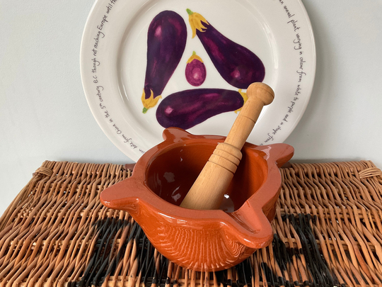 Buy Vintage Traditional Pestle & Mortar, Glazed Terracotta, Wooden ...