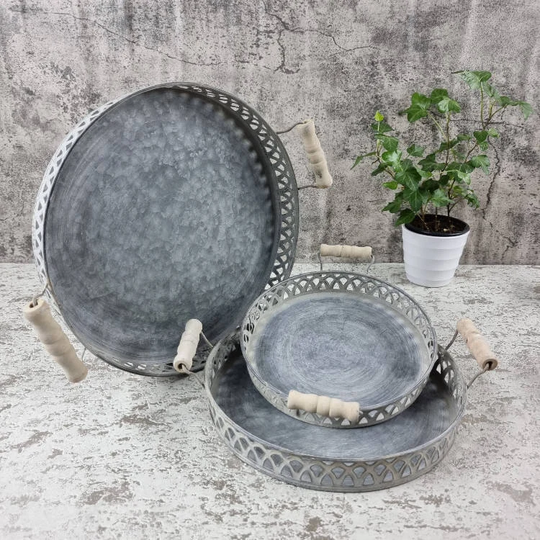 Buy Set Of 3 Galvanised Trays - Round Online