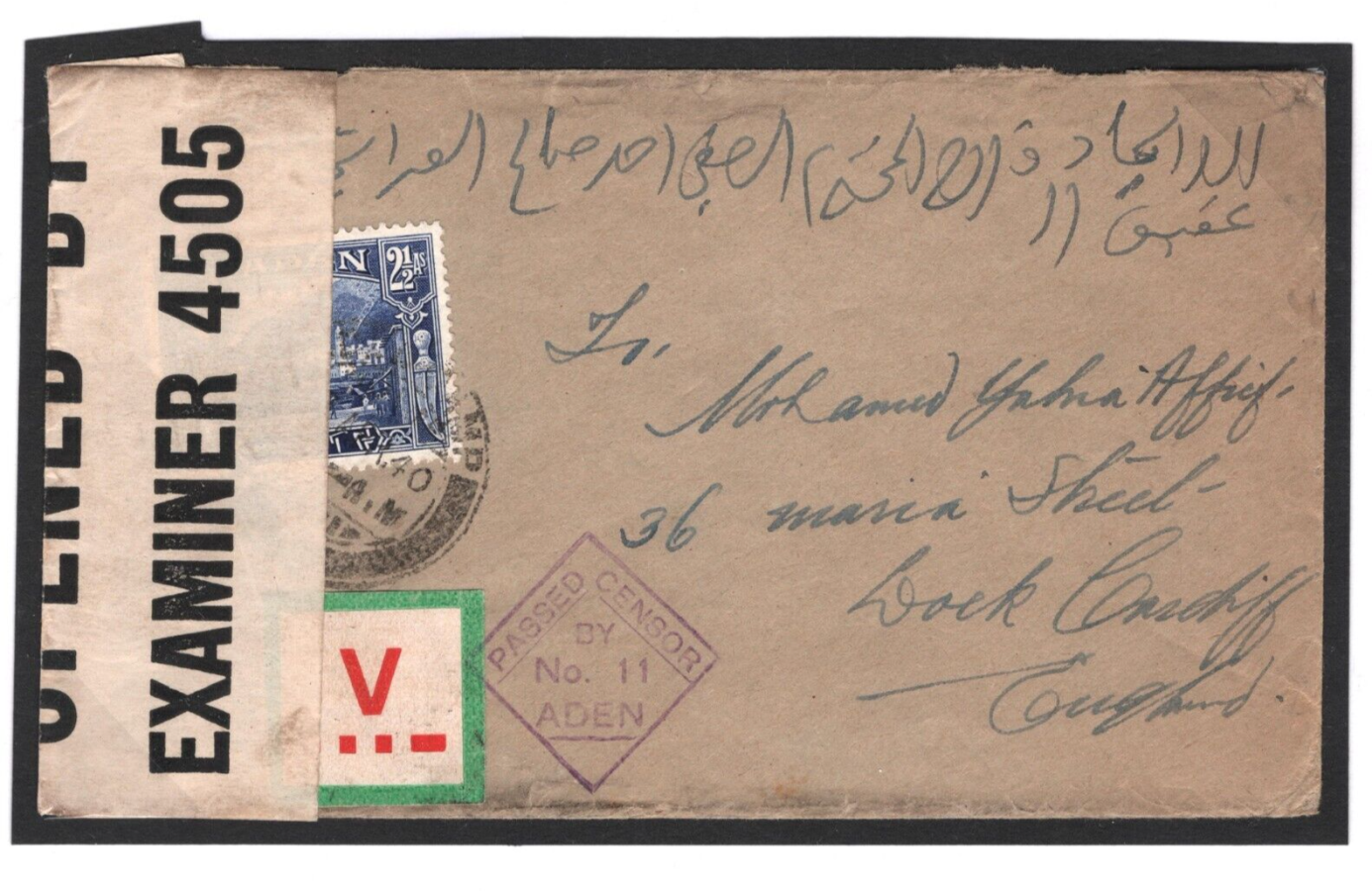 ADEN WW2 CENSOR Cover VICTORY *V* MORSE CODE PROPAGANDA LABEL 1940 ...