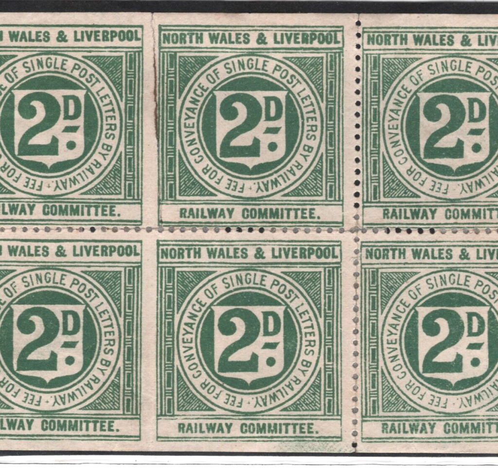 GB NORTH WALES & LIVERPOOL RAILWAY Letter Stamp BLOCK{6} 2d (1896) MNG ...