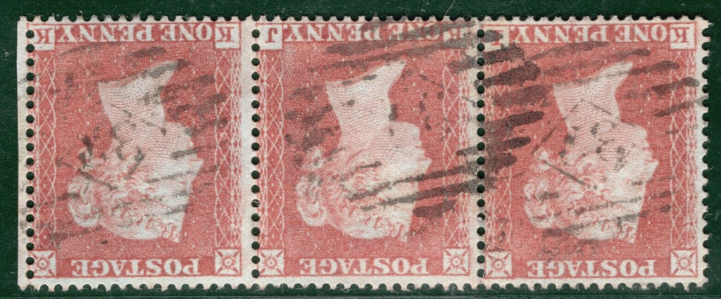 GB QV Penny Red STRIP{3} SG.17wi 1d Plate 166 *INVERTED WATERMARK ...